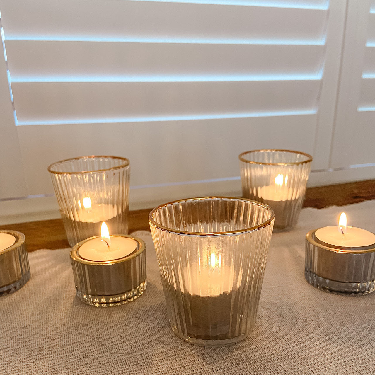 Ribbed Clear Glass Tea Light Holder with Gold Rim – BurrowandNest